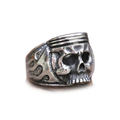 Skull Fire piston head ring men sterling silver 925 Biker Gothic punk ...
