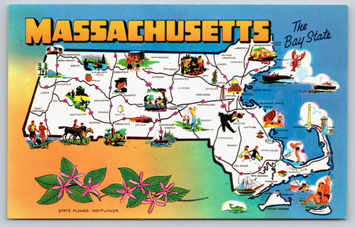 Postcard, Massachusetts The Bay State, Map, Tourism, Roads | eBay