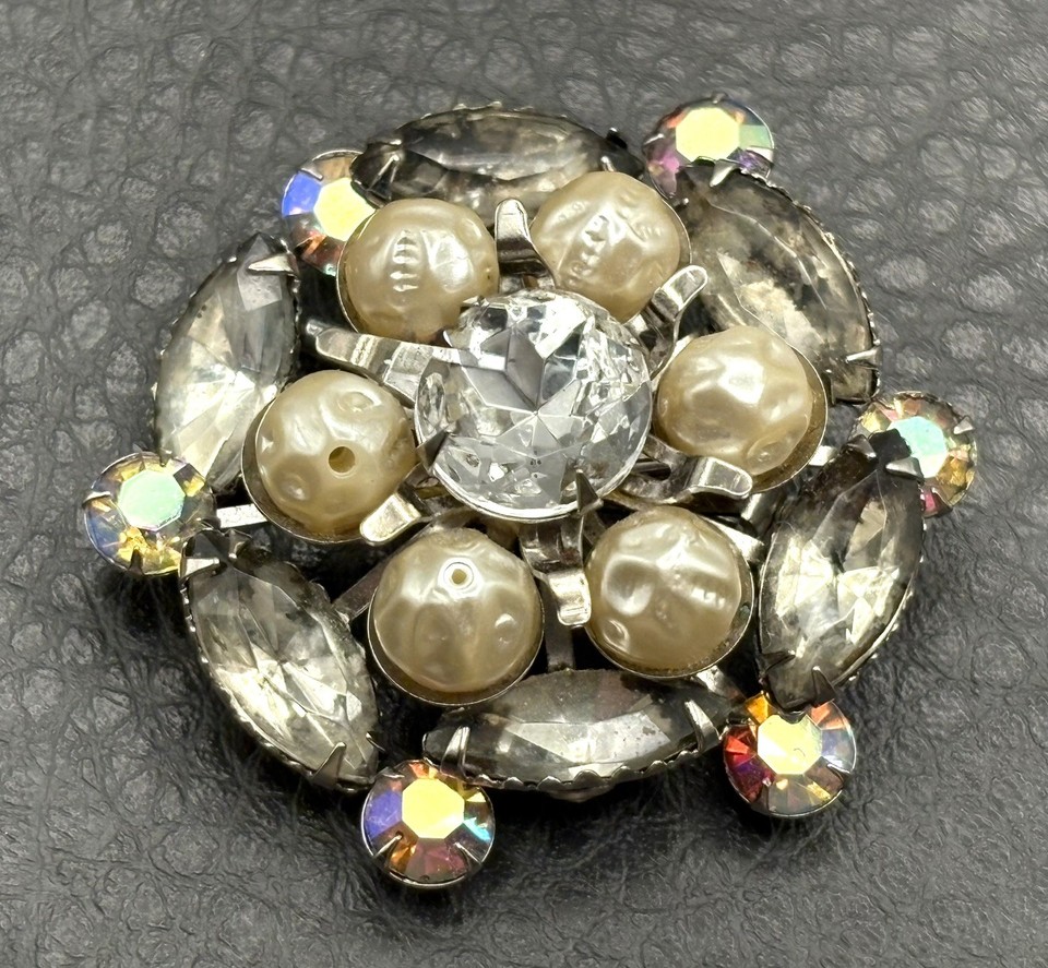 Vintage Unique Faux Pearl AB and Clear Rhinestones Rivet Back Brooch ...