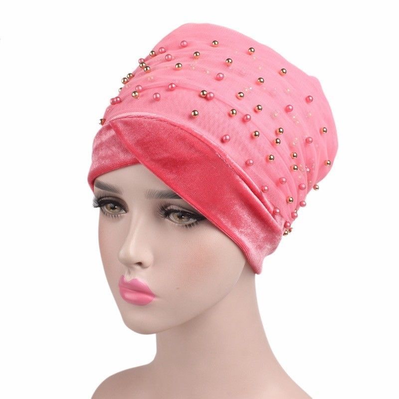 Luxury Women Gold Beaded Mesh Head Wrap Velvet India Turban Hijab Long ...