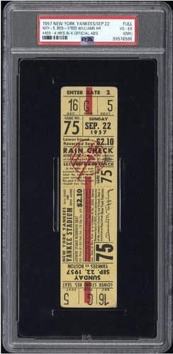 1957 PSA 9/22 Ticket Ted Williams 4 HR In 4 AB/On Base 16 Times Row/LL ...