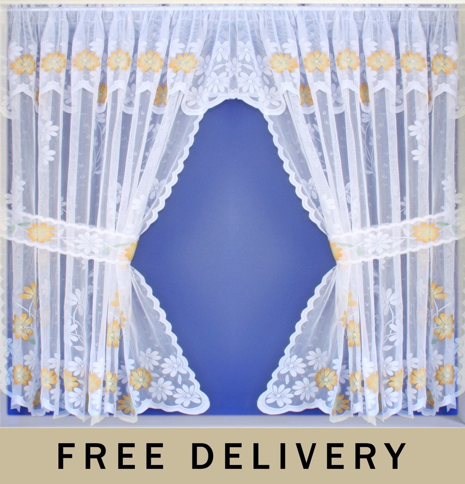 Primrose Floral Lace Net Curtains – Daisy Pattern Privacy Panels with ...