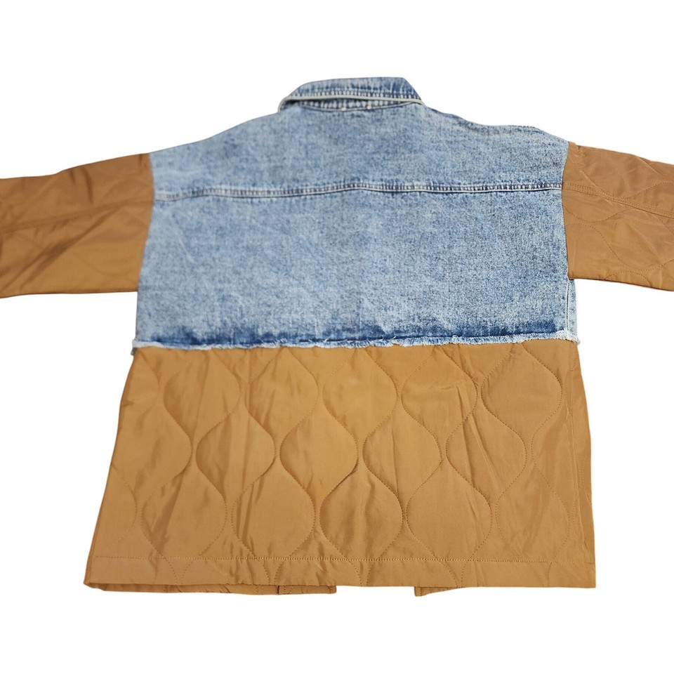 RIVIR Denim Quilted Combo Jacket Camel Blue Size S Button Front Long ...
