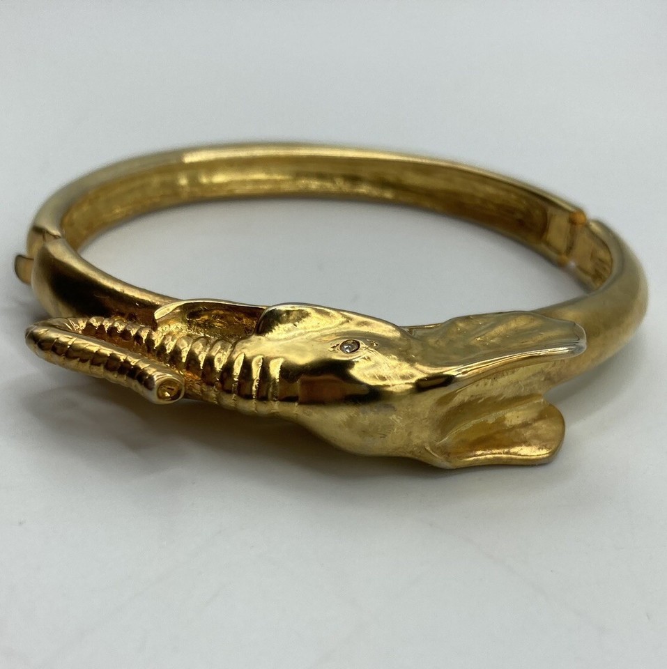 Gold Tone Elephant Trunk Up Hinge Clamp Bangle Bracelet Rhinestone Eye ...