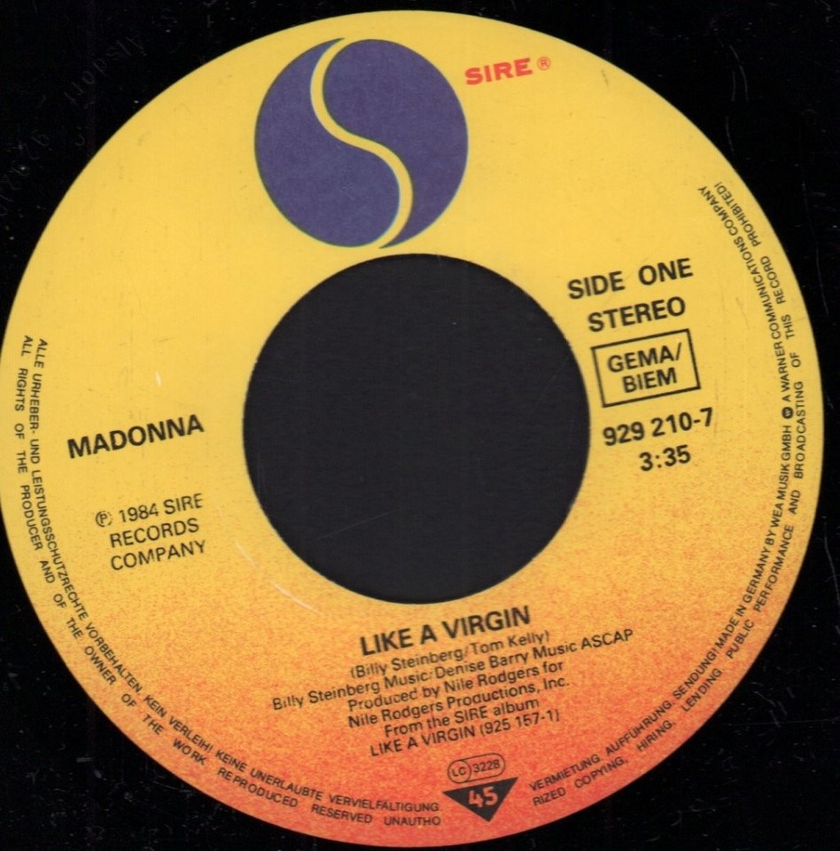 Madonna Like A Virgin 7" vinyl Germany Sire 1984 pic sleeve has small ...