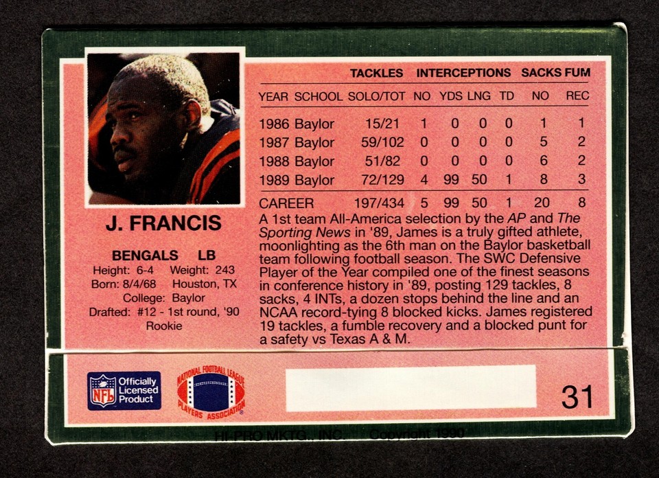 1990 ACTION PACKED RC #31 JAMES FRANCIS - CINCINNATI BENGALS - ROOKIE ...