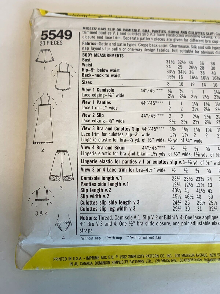 Vintage 1982 Simplicity Pattern 5549 Lingerie Bra Panty Slip Colottes ...