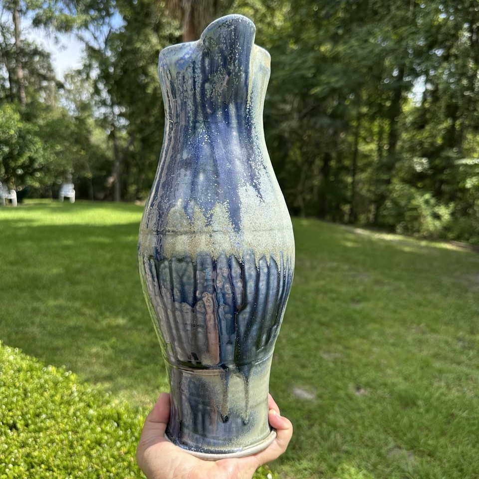 Tim Sherman Studio Pottery Pitcher Wood Fired Blue Drip Ash Glaze ...