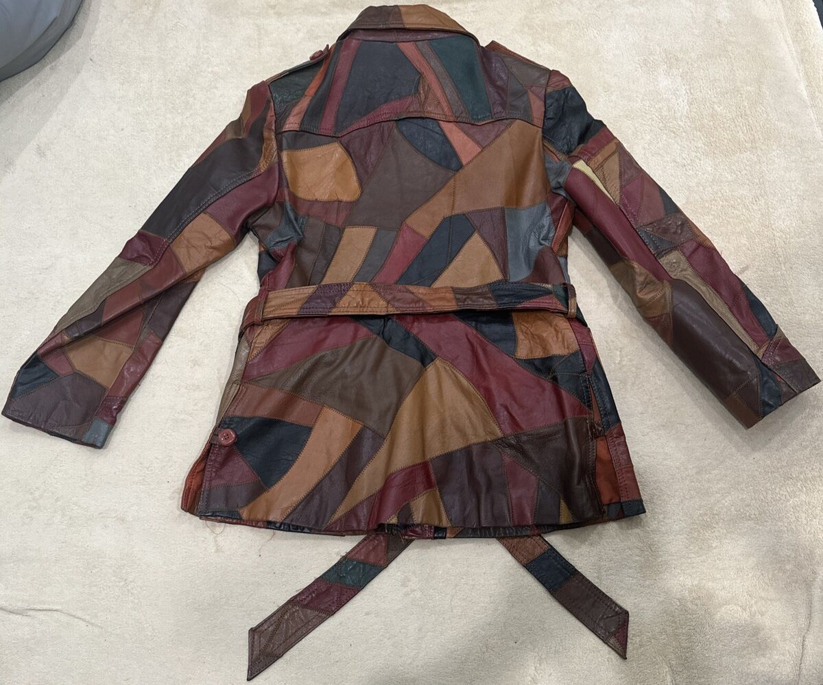 VINTAGE 1970s Leather Patchwork Jacket Womens 13-14 Fish VINTAGE 1970s Leather Patchwork Jacket Womens 13-14 Fish