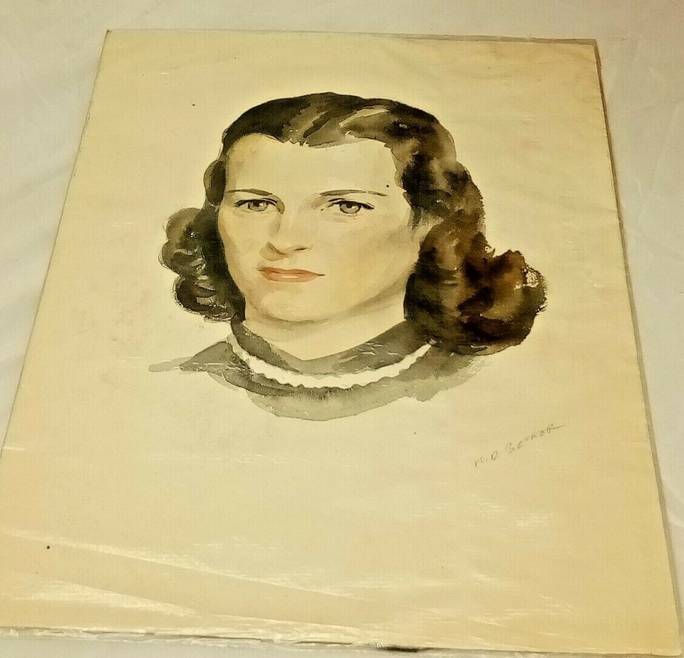 H D BECKER ORIGINAL SIGNED WATERCOLOR PORTRAIT 9x12 VINTAGE WOMAN ART ...