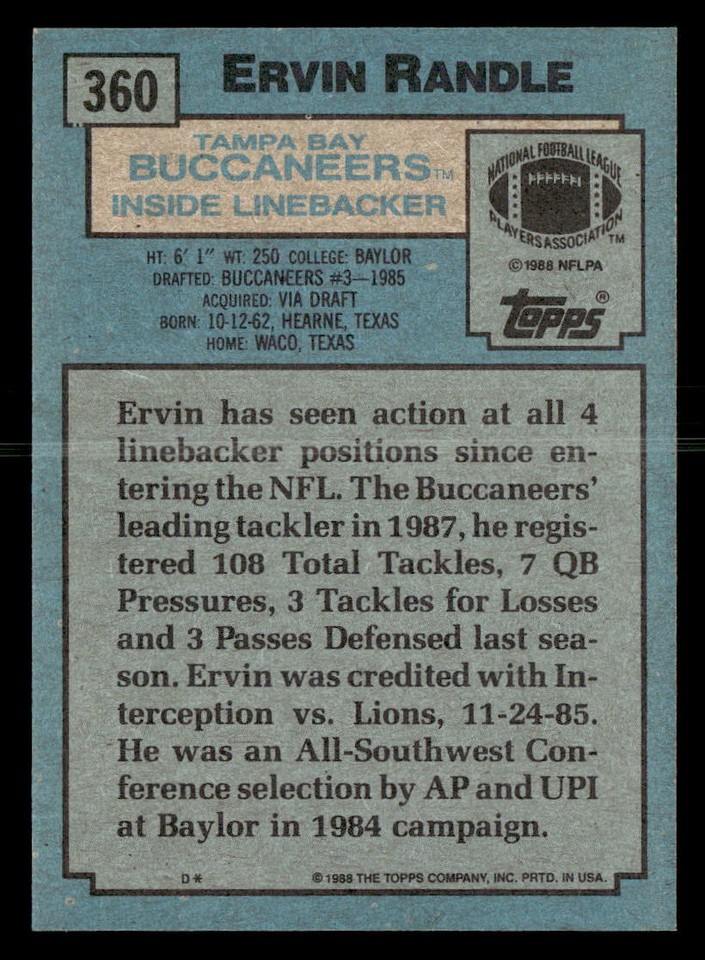 Ervin Randle 1988 Topps Rookie Card #360 Tampa Bay Buccaneers | eBay