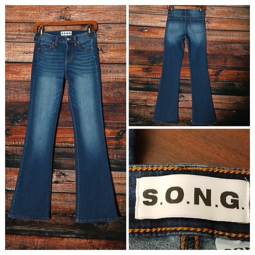 S.O.N.G. Jeans 27 5 Mid Rise Flare Leg Blue Denim Stretch Song | eBay