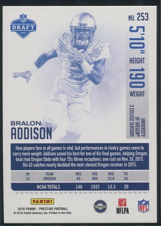 2016 Panini Prestige Extra Points Bralon Addison #253 Denver Broncos RC ...