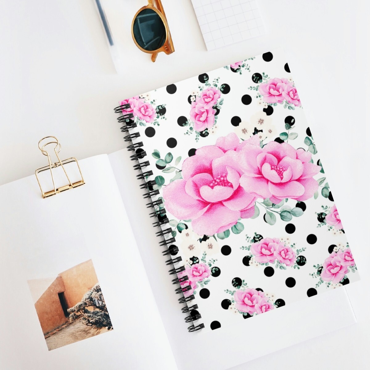 Small Spiral Notebook-Magenta Pink Floral-Black Polka Dots-White | eBay