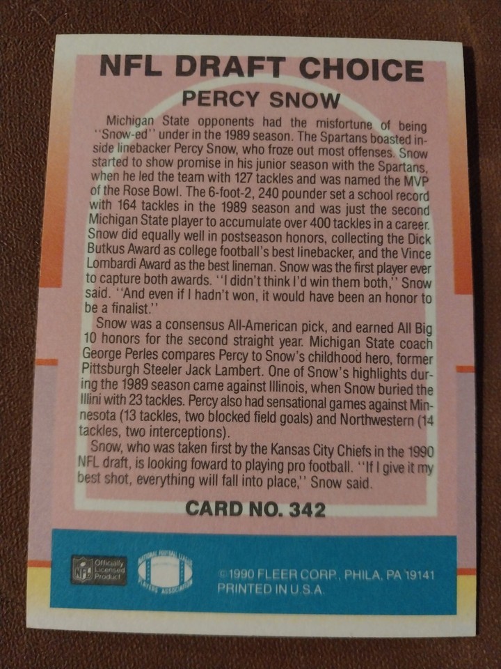1990 PERCY SNOW FLEER NFL ROOKIE CARD RC #342 KC CHIEFS MICHIGAN STATE ...