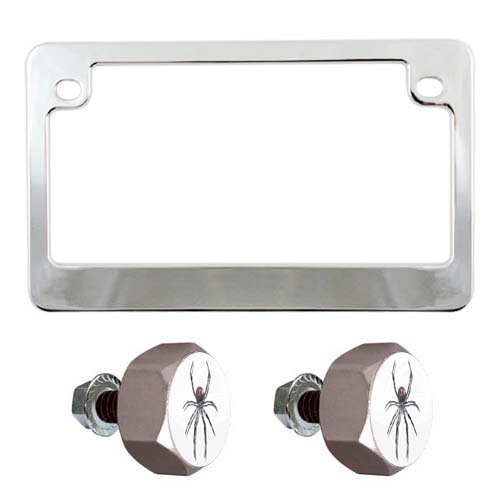 Chrome Motorcycle License Plate Frame & Grey Hex Tag Bolt Kit - Spider ...