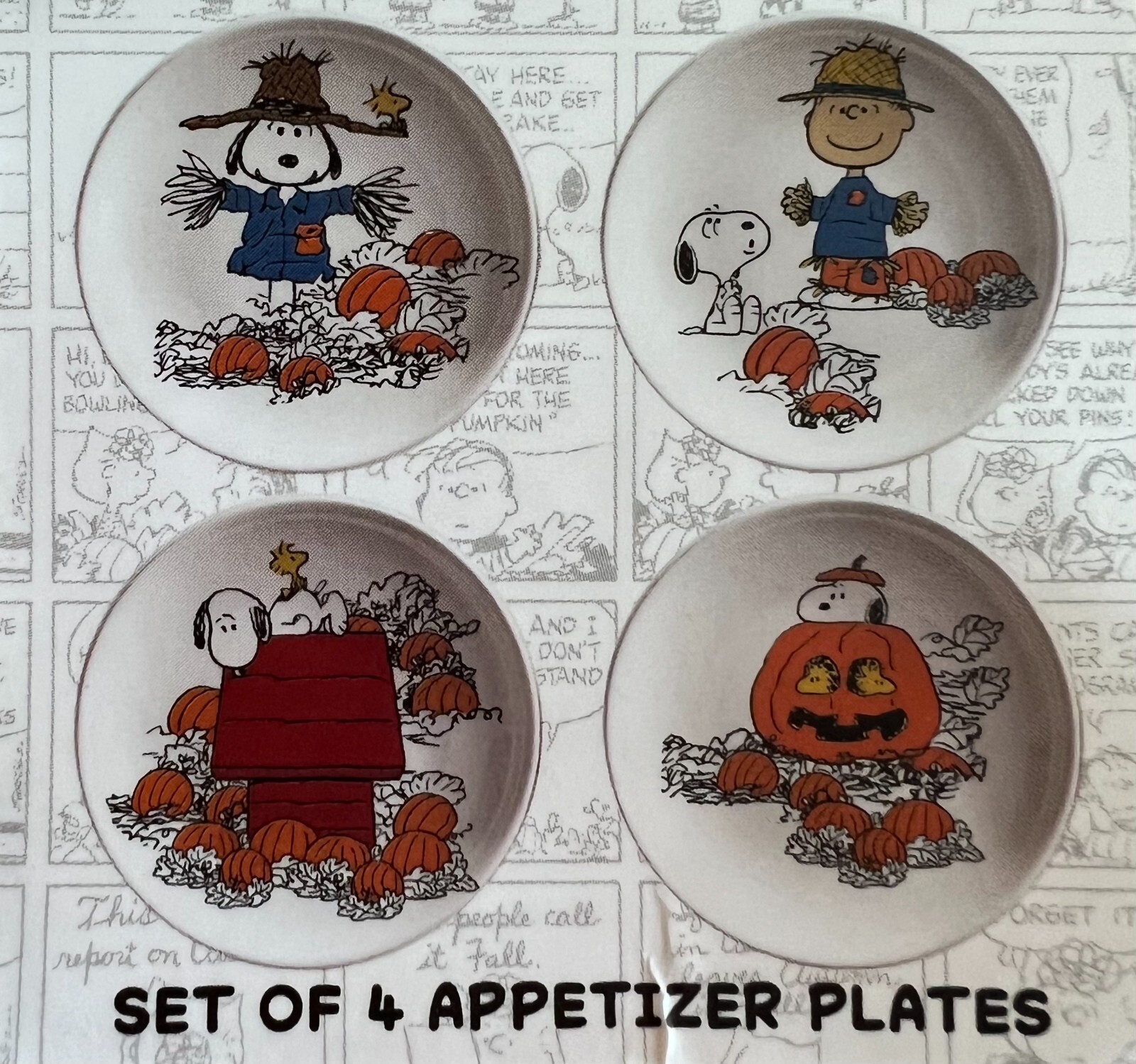 SNOOPY PEANUTS & GANG FALL HARVEST CERAMIC APPETIZER PLATES SET OF 4 ...