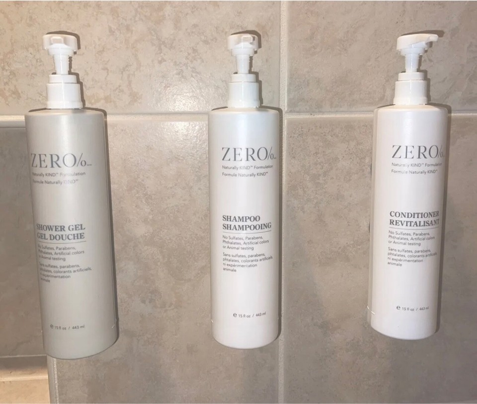 Zero% 15oz X1Shampoo 1 Conditioner 1 Shower Gel 1 Lotion 1 Hand wash 5 ...