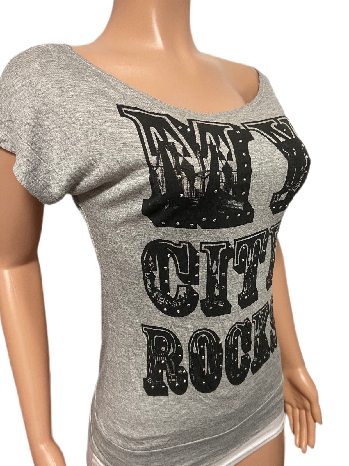 Y2K Grey "My City Rocks" Rhinestone Grunge Punk Top Off Shoulders Slub ...