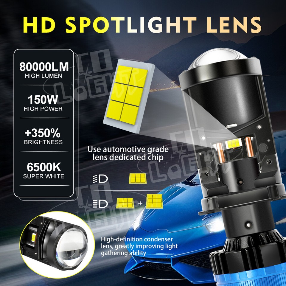 2X LHD H4 Bi-LED Projector Lens Hi/Lo Headlight Mini Bulbs 400W 90000Lm ...