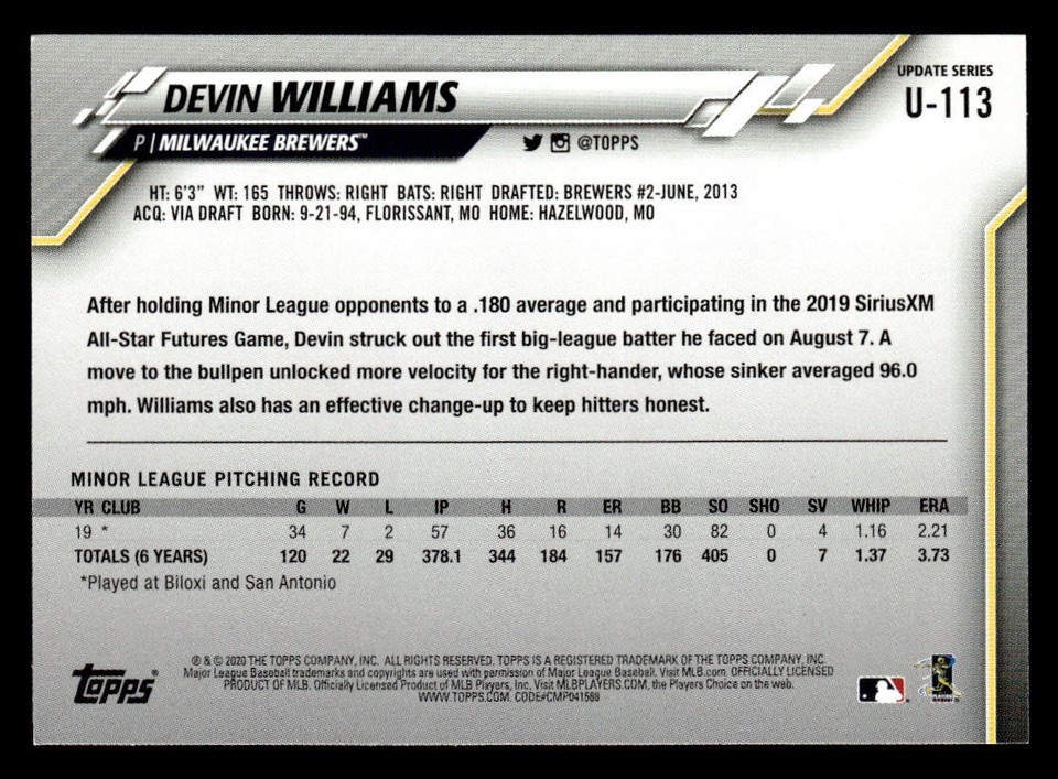 2020 Topps Update #U-113 Devin Williams Rookie Card Milwaukee Brewers ...