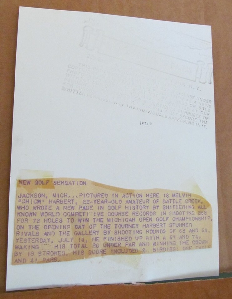 B & W PRESS PHOTO OF CHICK HARBERT-WINNING 1937 MICHIGAN OPEN WITH 268 ...