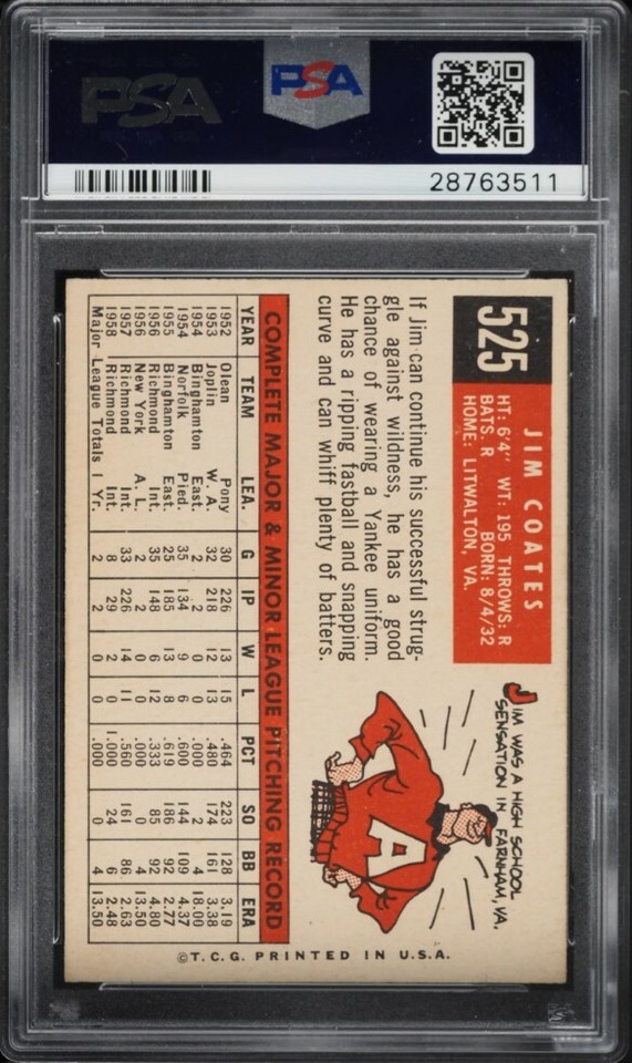 1959 Topps BB Card #525 Jim Coates ROOKIE RC PSA 8 NM-MT | eBay