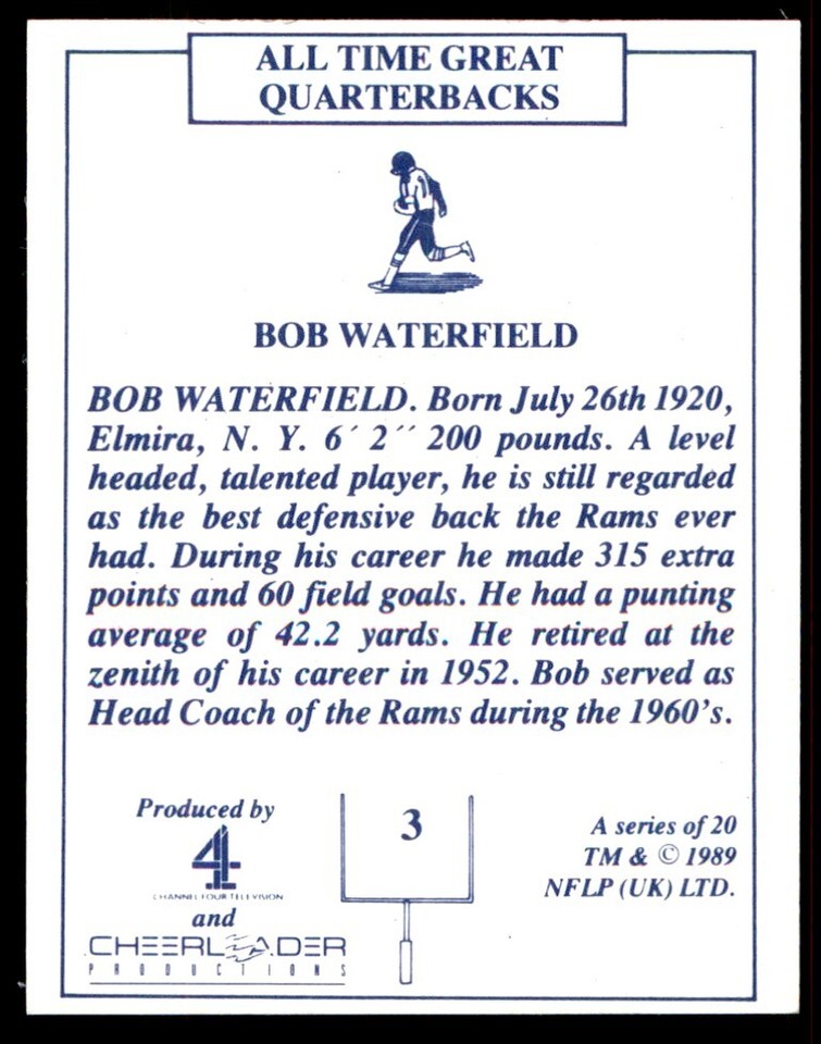 1989 ALL TIME GREAT QUARTERBACKS BOB WATERFIELD LOS ANGELES RAMS #3B UK ...