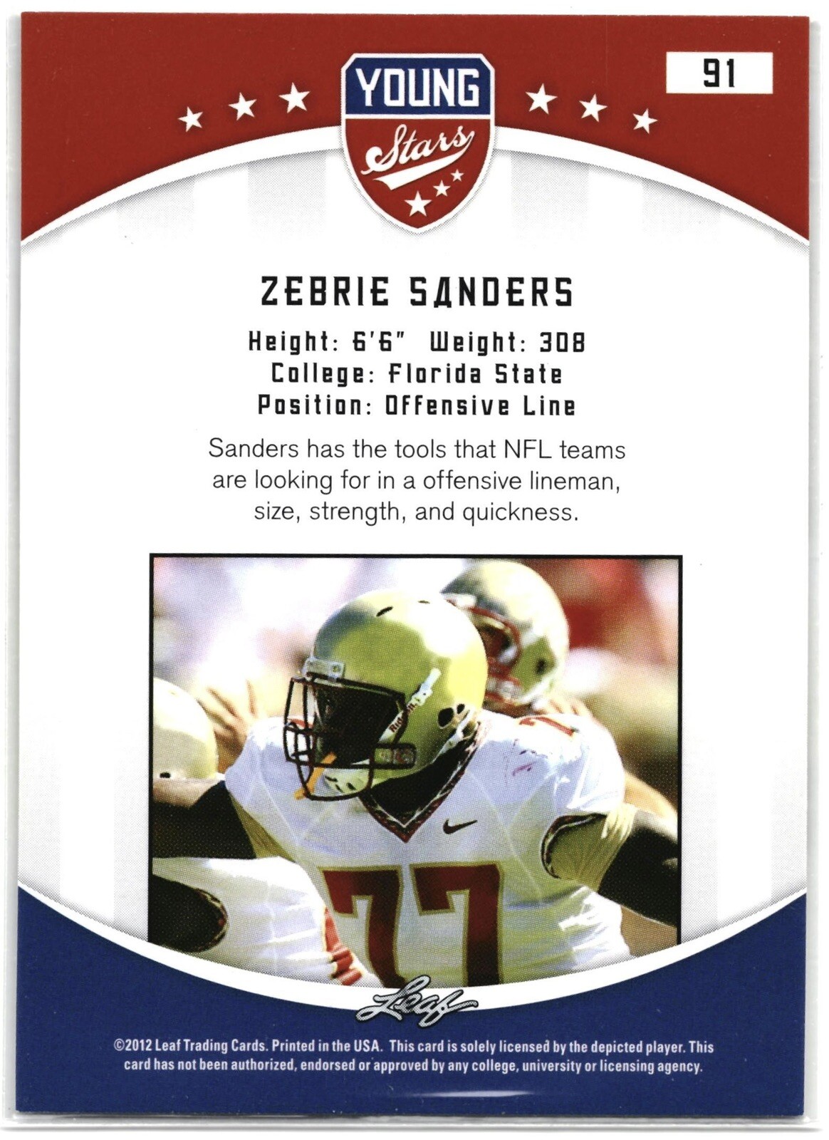 2012 Leaf Young Stars Zebrie Sanders Rookie Florida State Seminoles #91 ...