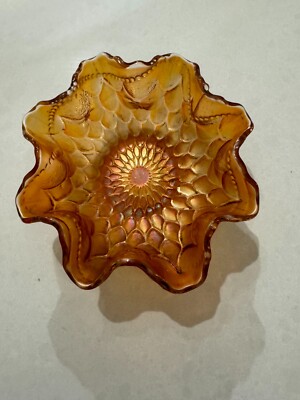 Vintage Marigold Orange Carnival Glass Fish Scale Ruffled Candy Bowl ...