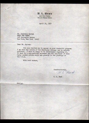 H L Hunt - Texas Oil Baron - Haroldson signs 1967 letter - Electoral ...