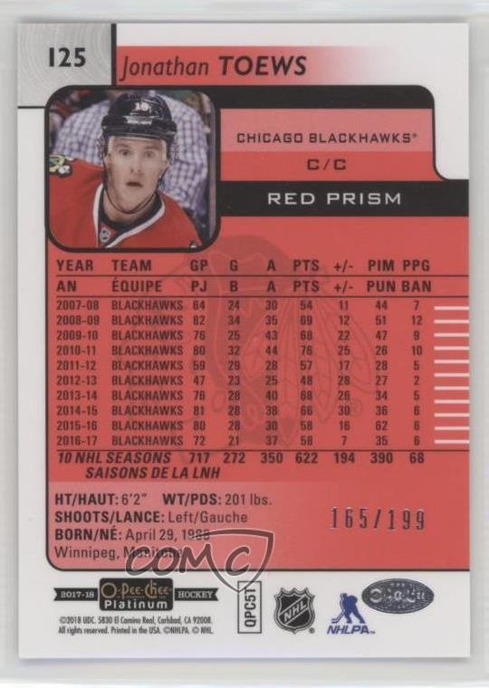 2017-18 O-Pee-Chee Platinum Red Prism /199 Jonathan Toews #125 | eBay