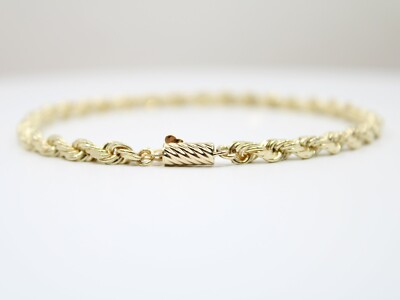 14K SOLID Gold Rope Chain Bracelet, 4mm Diamond Cut Solid Yellow Gold ...