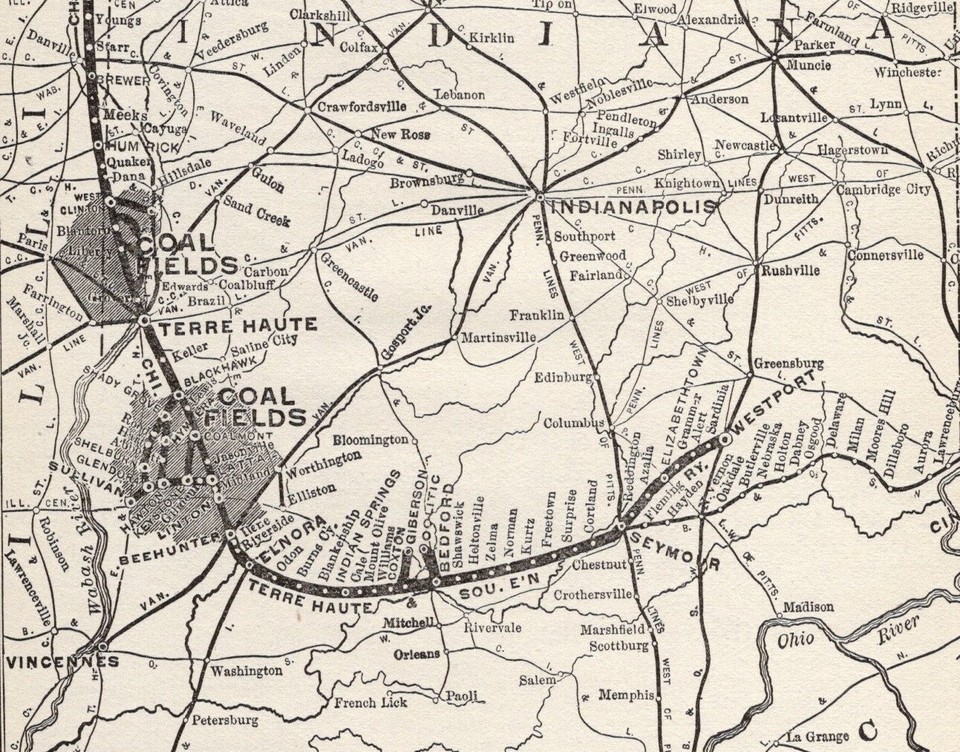 1914 Antique Chicago Terre Haute and Southeastern Railway Map Railroad ...