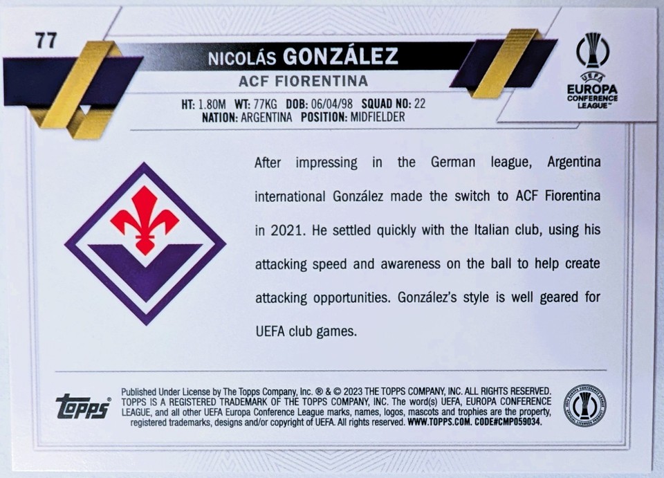 Nicolas Gonzalez #77 (Fiorentina) - 2022-23 Topps UEFA Club ...