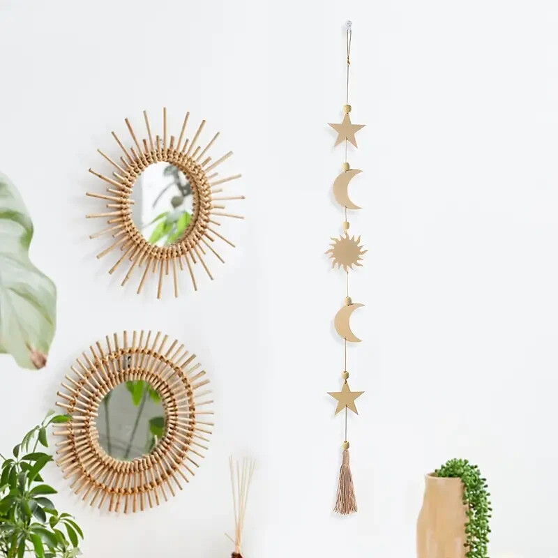 1 x SET OF WOODEN MOON STAR & SUN WALL HANGINGS WITH TASSELS BEIGE HOME ...