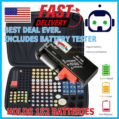 Battery Storage Organizer Tester Carry Case Bag Hold 152 Batteries AA ...