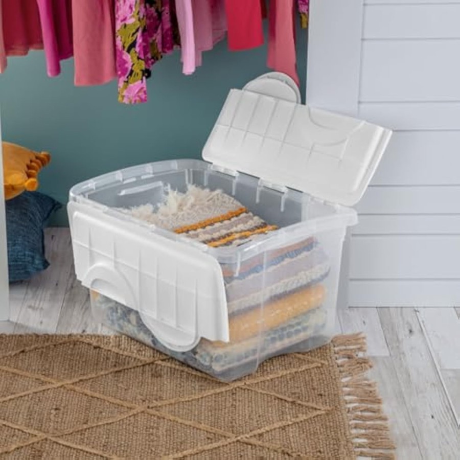 48 qt hinged lid storage box, stackable bin with lid, plastic containe ...