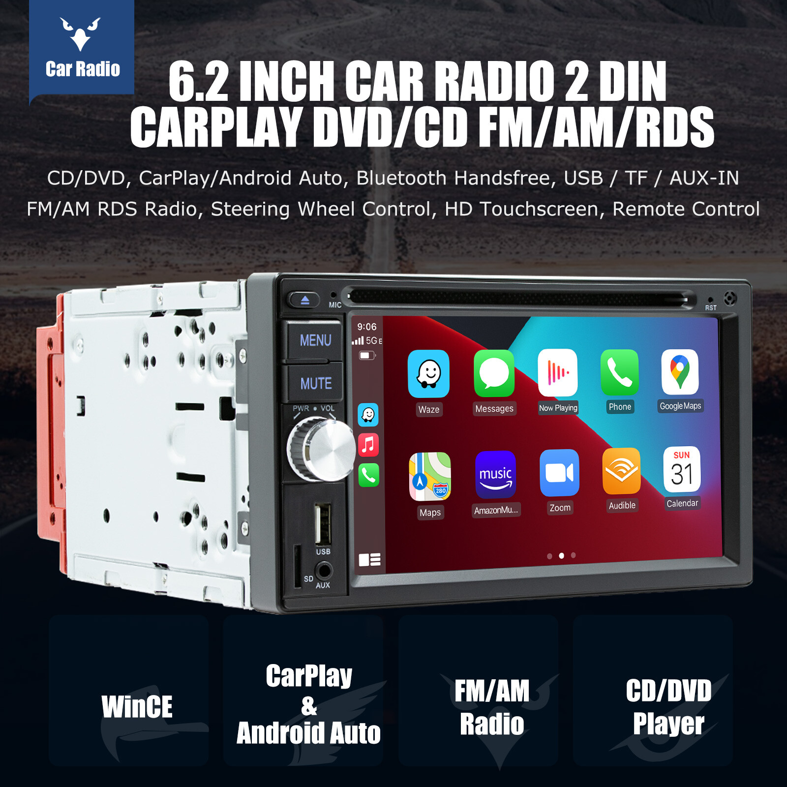 Car Stereo 6.2" Double DIN CD DVD Carplay FM AM RDS Radio USB AUX TF w ...
