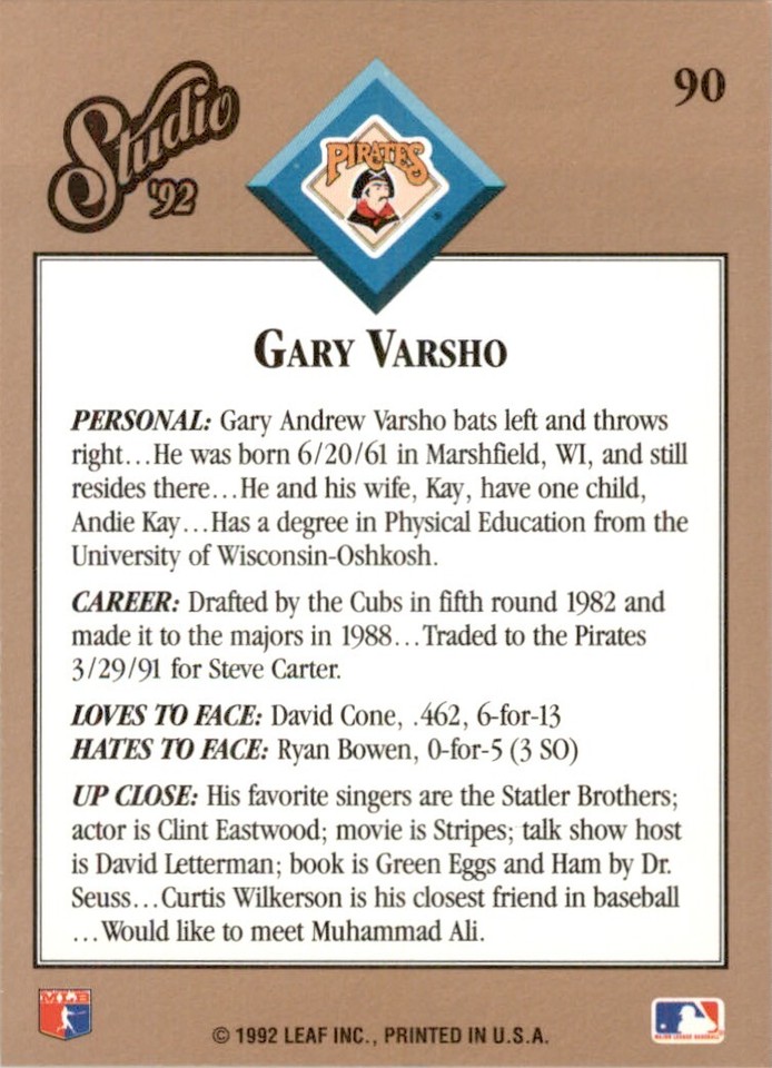 1992 Studio Gary Varsho Pittsburgh Pirates #90 Baseball Card | eBay