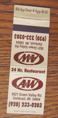 A & W ROOT BEER RESTAURANT MATCHBOOK COVER: OSHKOSH, WISCONSIN ...