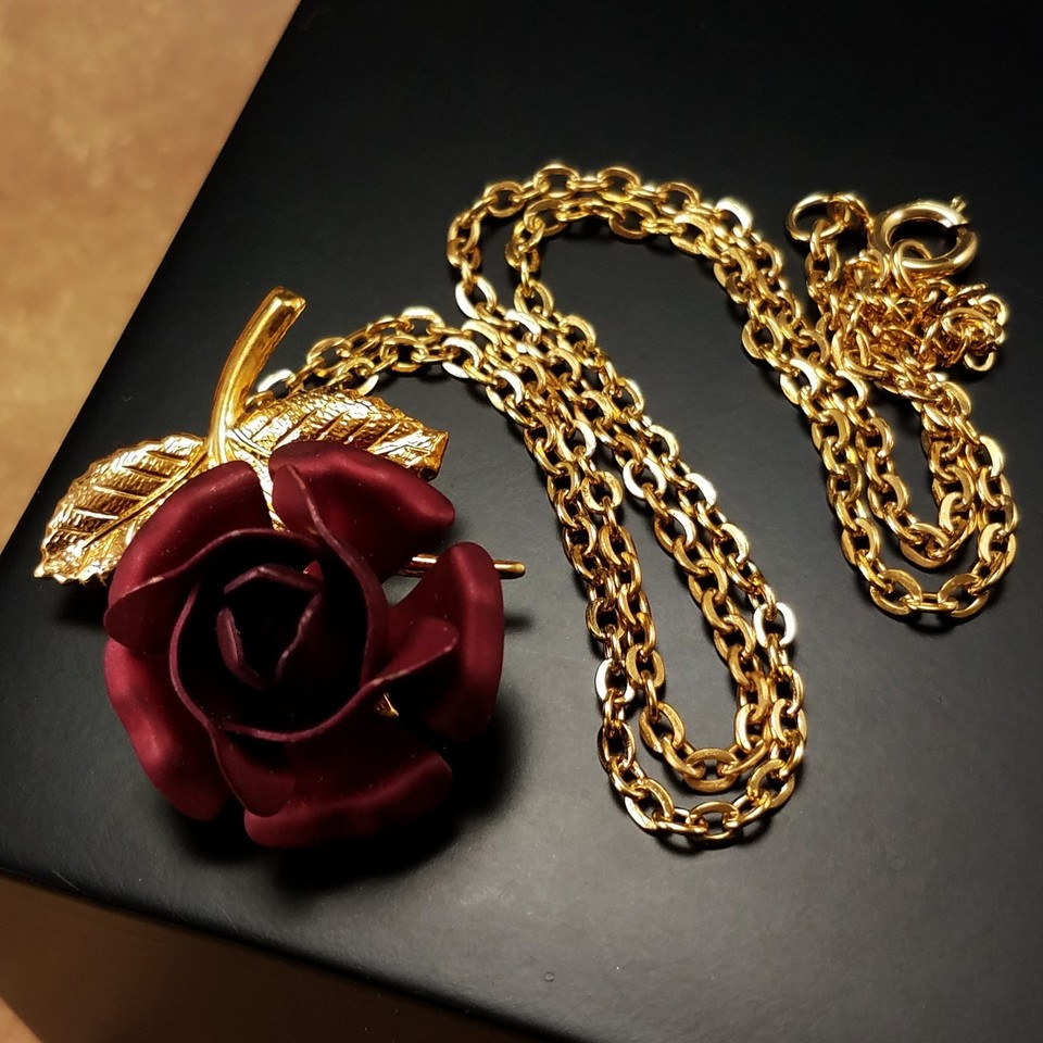 Vintage 1950s Red Rose Gold Plated Pendant Necklace Riveted ...