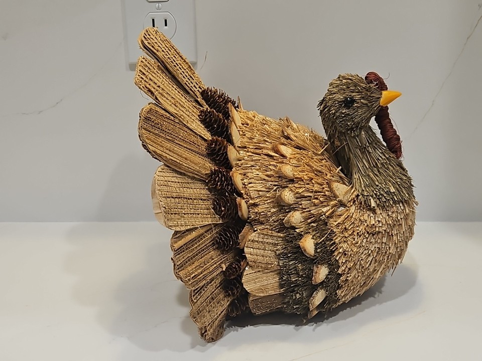 Straw Turkey Table Fall Thanksgiving Decor Centerpiece Wood, Pine Cones ...