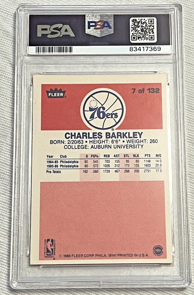💥 1986 Fleer 🏀 💥 Charles Barkley Rookie Card #7 PSA 8 RC - Philadelphia ...