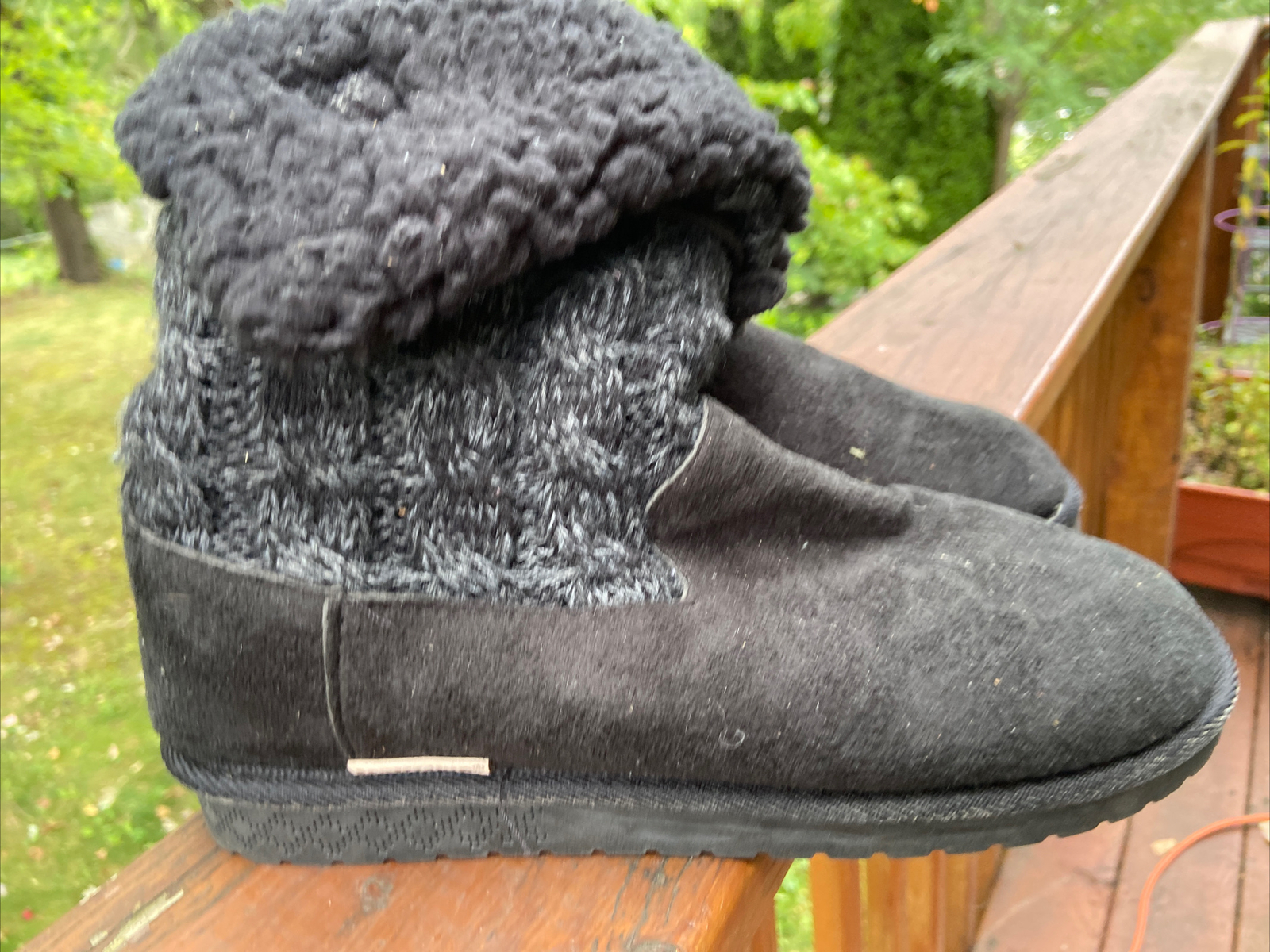 Mukluks Cozy Fold Over Boots Suede Knit Sherpa Black Slippers Womens ...