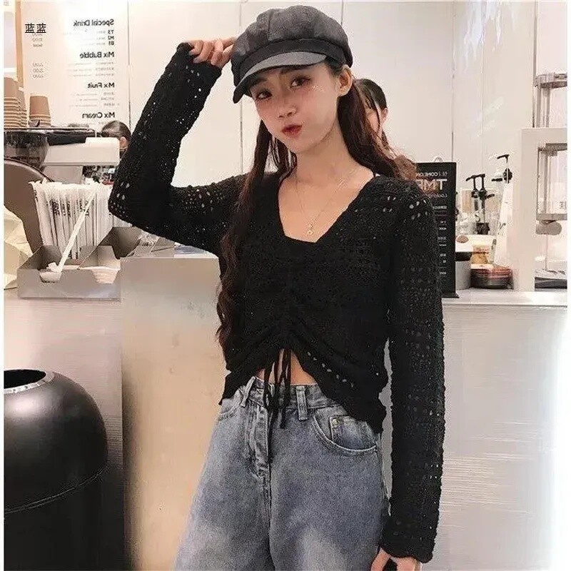 Women Knitted Cropped Sweater Hollow Crochet Pullover Drawstring Thin ...