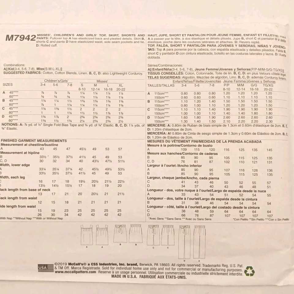 McCALL'S #M7942-MOTHER & DAUGHTER LEARN TO SEW DRAWSTRING PANTS-TOP ...