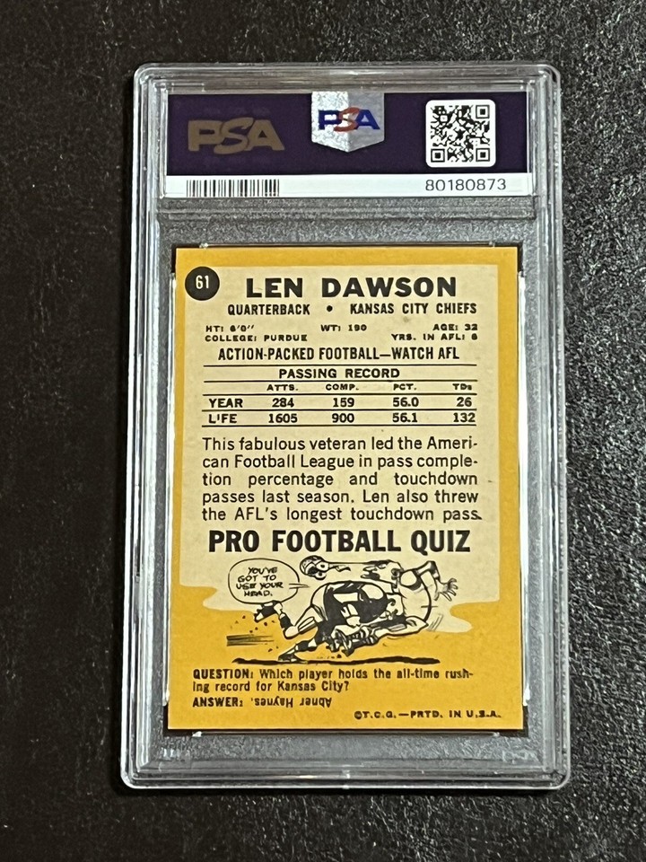 1967 Topps Football Len Dawson #61 PSA 6 EX-MT HOF Kansas City Chiefs ...