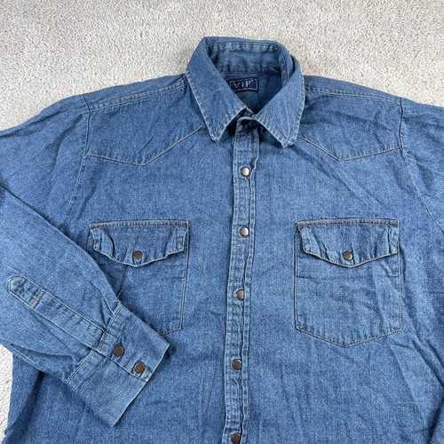 VINTAGE VIP Shirt Mens Large Blue Denim Snap Front Western Cowboy ...