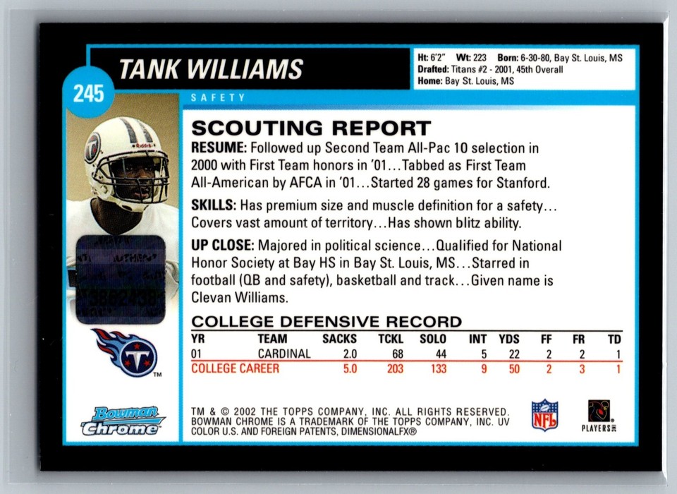Tank Williams 2002 Bowman Chrome AUTO #245 Football NFL Card Rookie RC ...